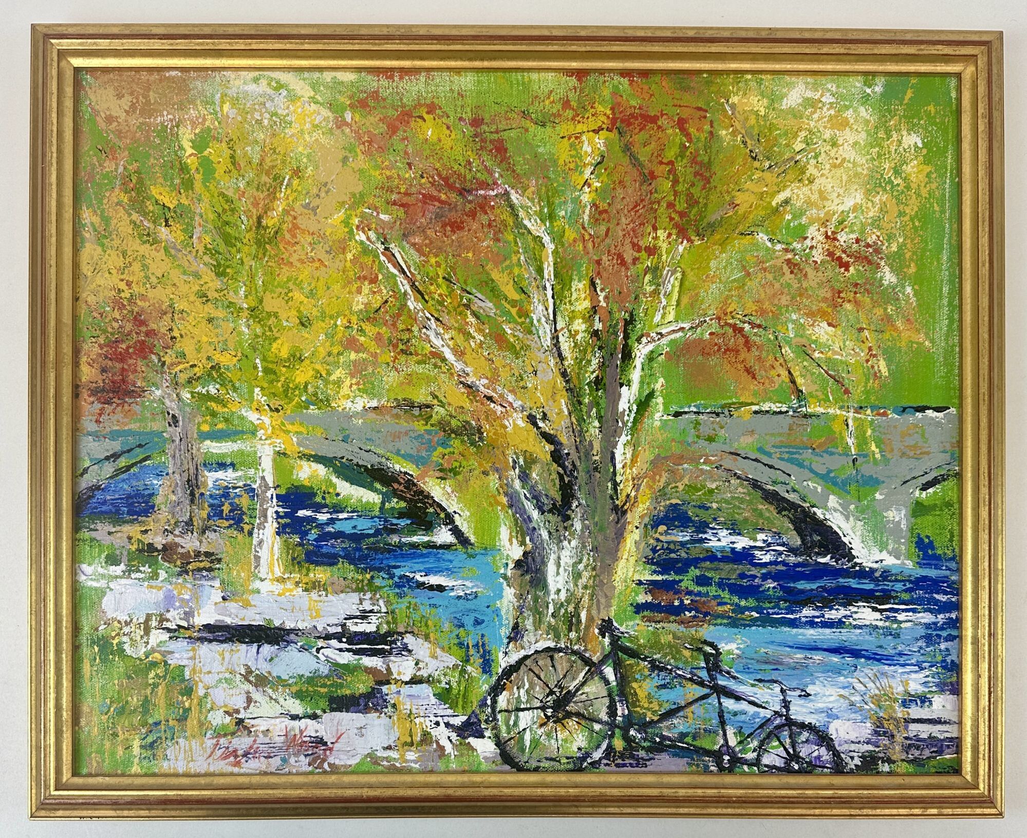 TISHA WOOD “BRIDGE & TANDEM BICYCLE SCENE” ACRYLIC ON CANVAS signed ...